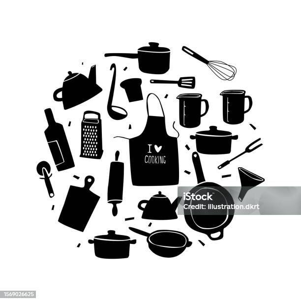 Ensemble Doutils De Cuisine En Silhouette Style De Croquis Dustensile