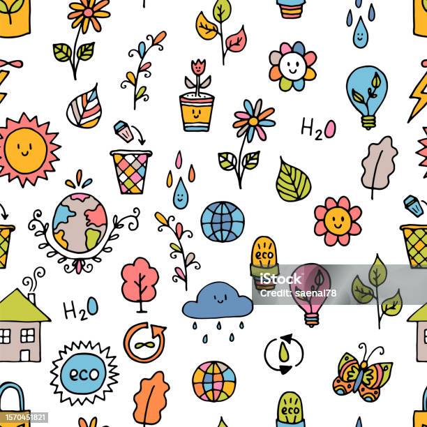Seamless Pattern With Outline Eco Icons And Recycles Symbols Save The