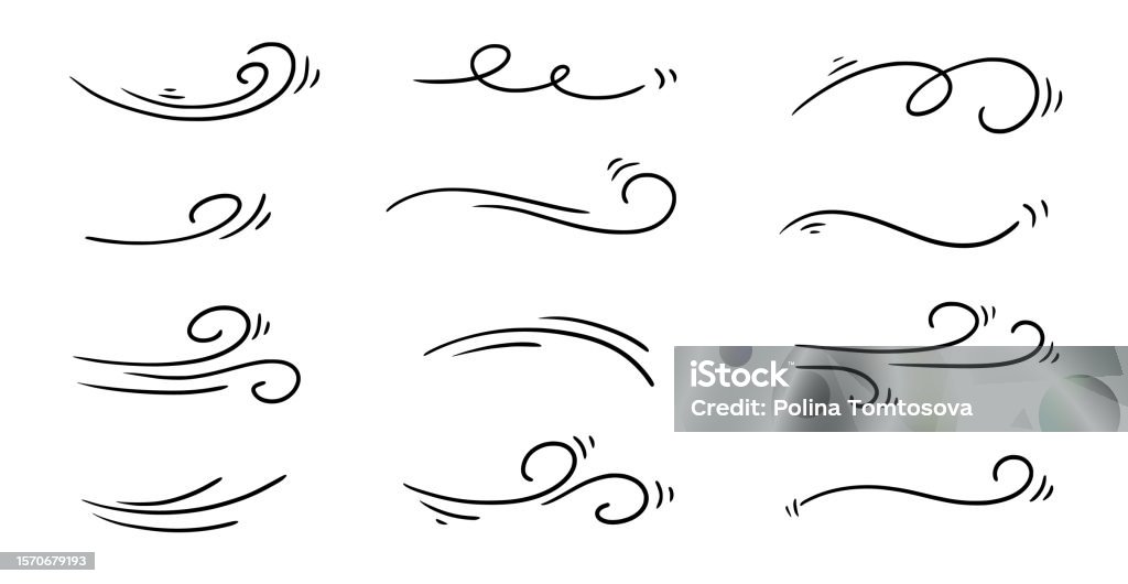 Set Sketsa Garis Angin Doodle Gerakan Angin Doodle Yang Digambar Tangan