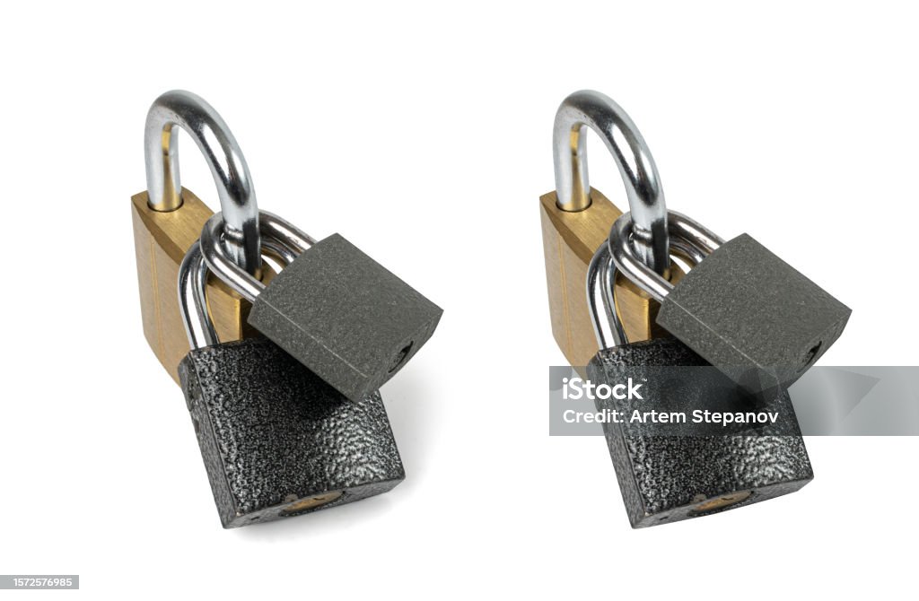 Three Closed Locks Isolated Golden And Black Padlocks Locked Together