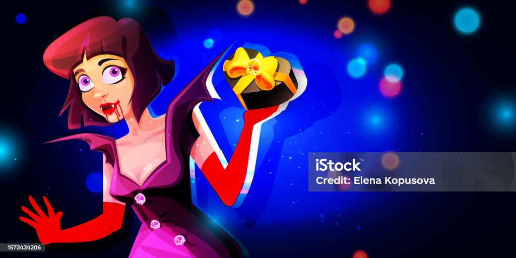 Halloween Concept In Cartoon Style Beautiful Vampire Girl With A T On An Abstract Colorful