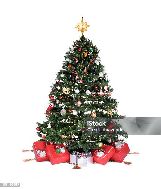 Adorned Christmas Tree With Ornaments And Presents On White Copyspace