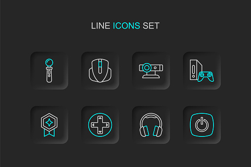 Set Line Power Button Headphones Game Controller Or Joystick Rating With Medal Console Web