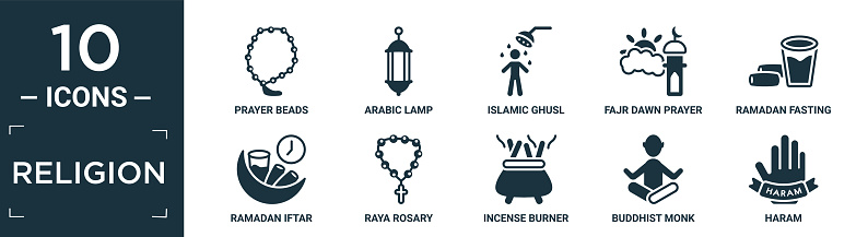 Filled Religion Icon Set Contain Flat Prayer Beads Arabic Lamp Islamic