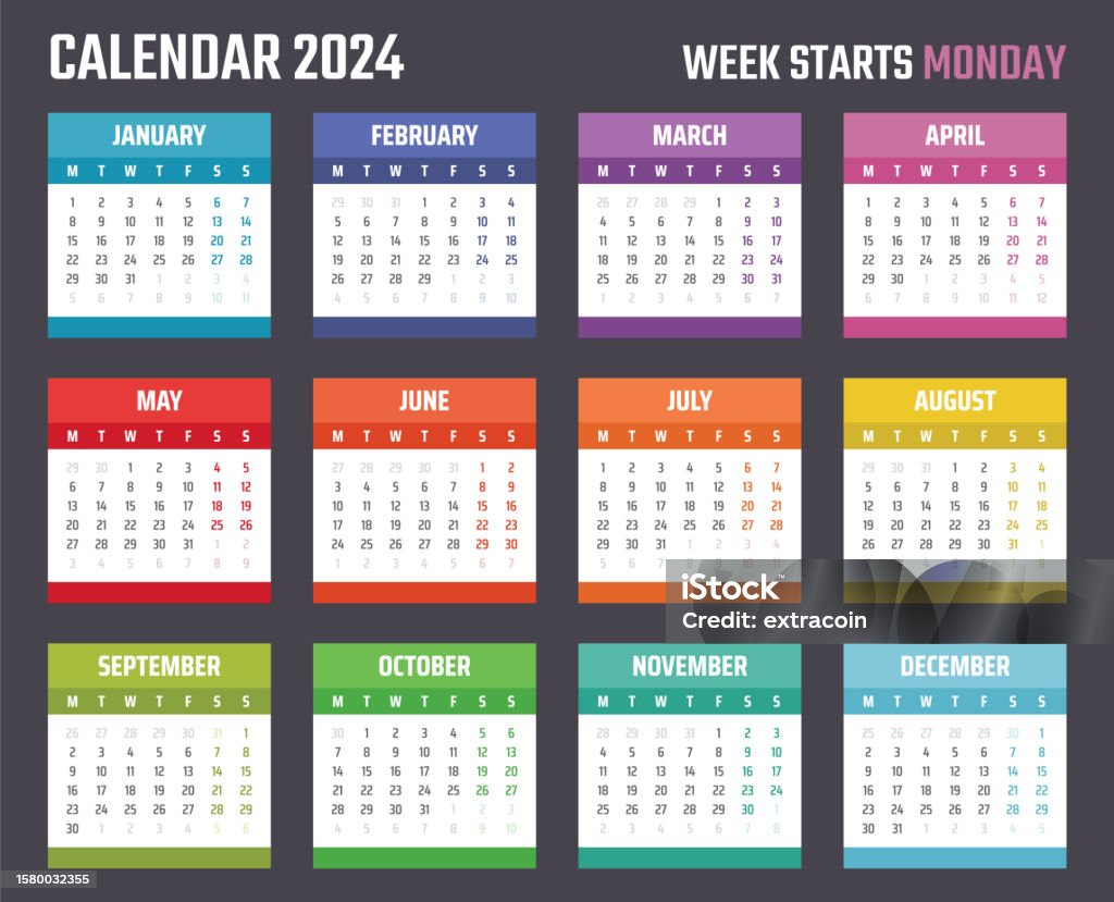 Kalender 2024 Kalenderdesign Für 2024 Beginnt Am Montag Stock Vektor ... Kalender 2024 Kalenderdesign Für 2024 Beginnt Am Montag Stock Vektor ...