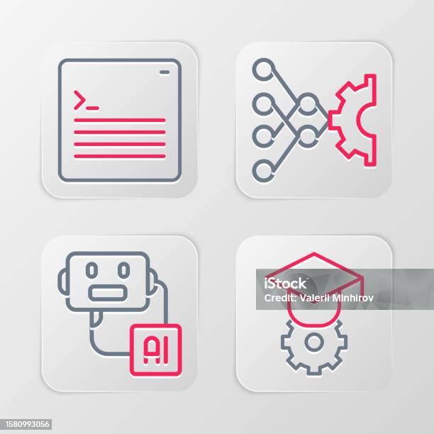 Set Line Graduation Cap Artificial Intelligence Robot Neural Network And Web Developer
