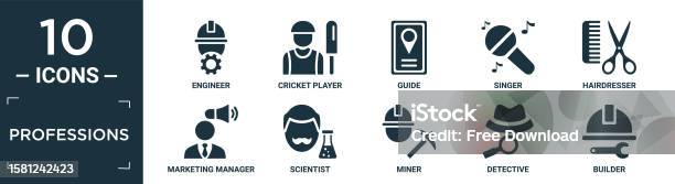 Filled Professions Icon Set Contain Flat Engineer Cricket Player Guide ... Filled Professions Icon Set Contain Flat Engineer Cricket Player Guide ...