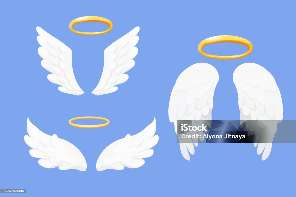 Set Ailes Dange Blanc Avec Halo Nimbe Dans Le Style Dessin Animé Isolé