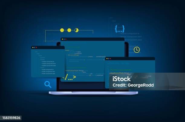 Computer Programming Software Or Game Development Illustration With Coding Symbols And Windows