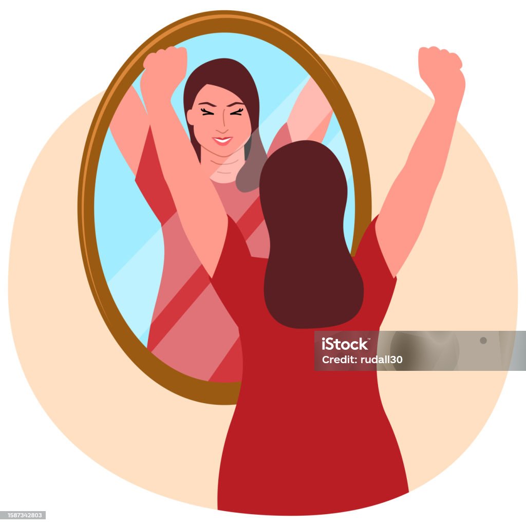 Clip Art Of A Happy Overweight Young Woman Looking In The Mirror Stock