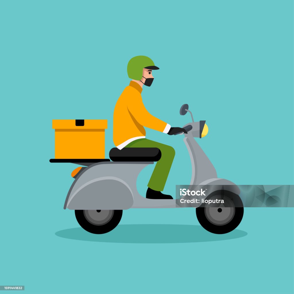 Delivery Man Riding A Red Scooter Illustration Food Delivery Man Vector
