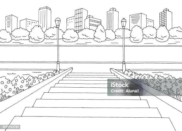 Taman Grafis Hitam Putih Kota Lanskap Sketsa Ilustrasi Vektor Ilustrasi