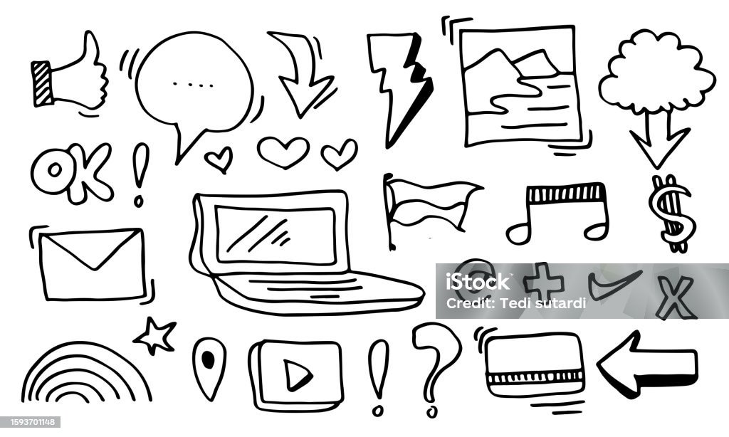 Vector Line Art Doodle Cartoon Ensemble Dobjets Et De Symboles Sur Le