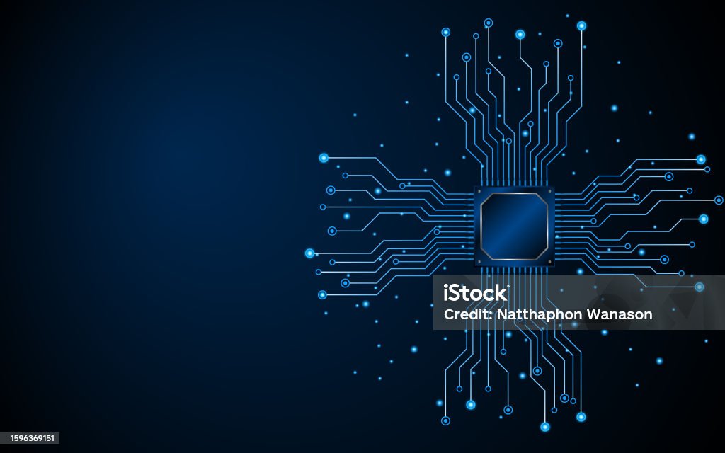 Microchip Processor Circuit Board Technology On Dark Blue Background