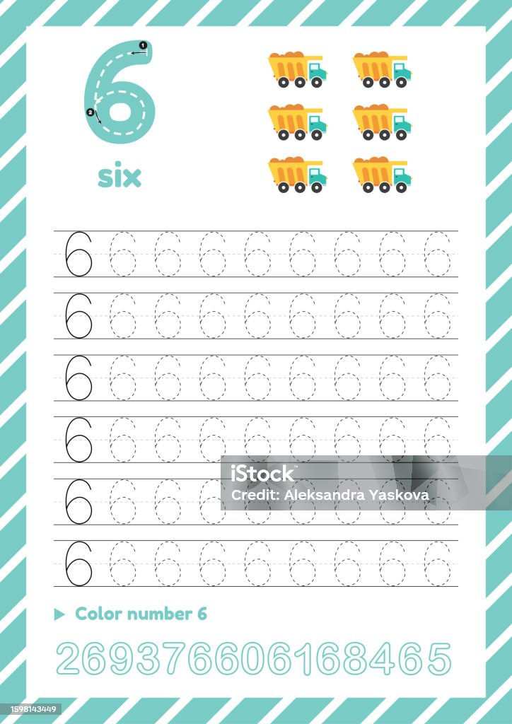 Tracing Number Six Learn Numbers Count Dump Cars Stock Illustration