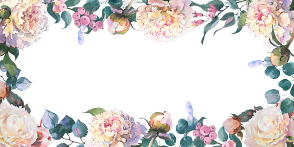 Cadre Horizontal Aquarelle Gabarit Pivoines Blanches Branches