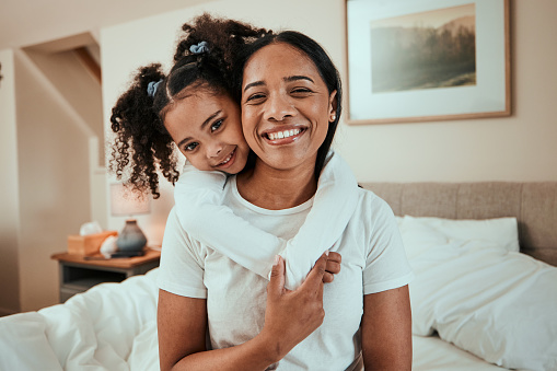 Portrait Mother And Girl With On A Bed Hug And Happiness With Quality Time Love And Weekend