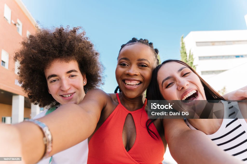 Multicultural Happy Friends Having Fun Taking Group Selfie Portrait On