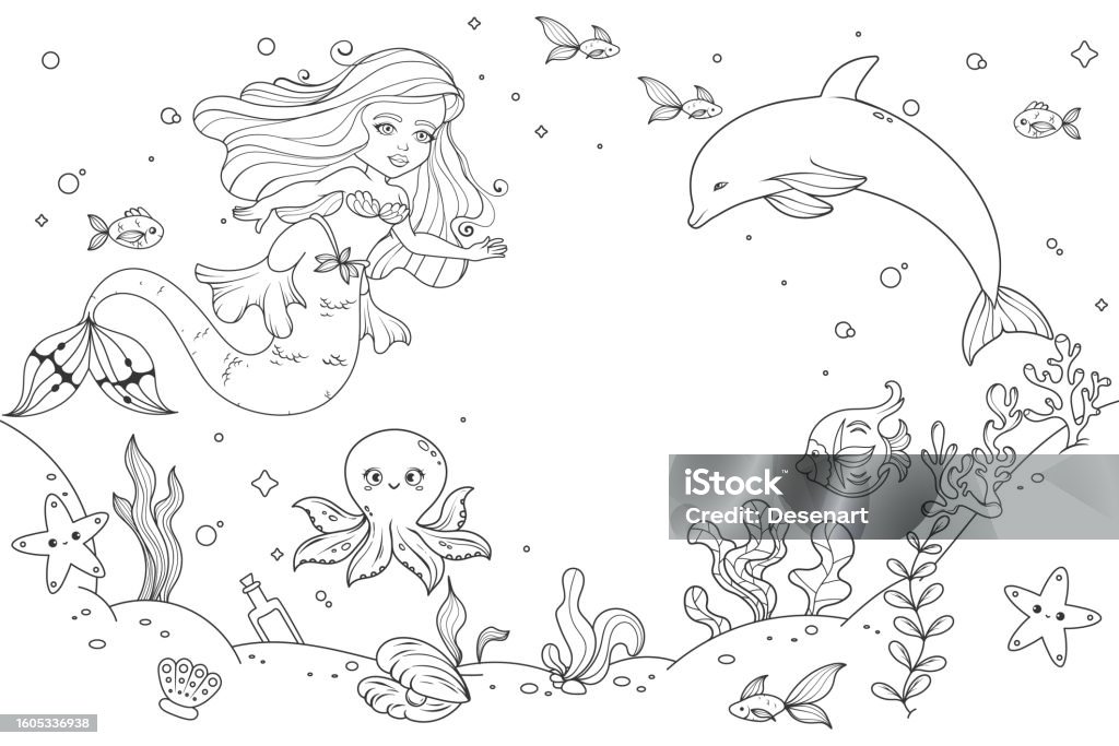 Vetores De Sereia No Fundo Do Mar Com Animais Marinhos Vetor Página