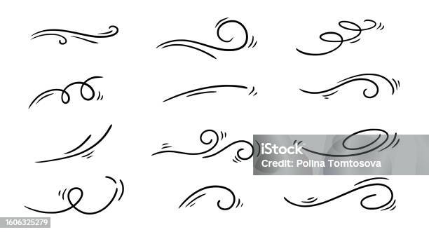 Set Sketsa Garis Angin Doodle Gerakan Angin Doodle Yang Digambar Tangan