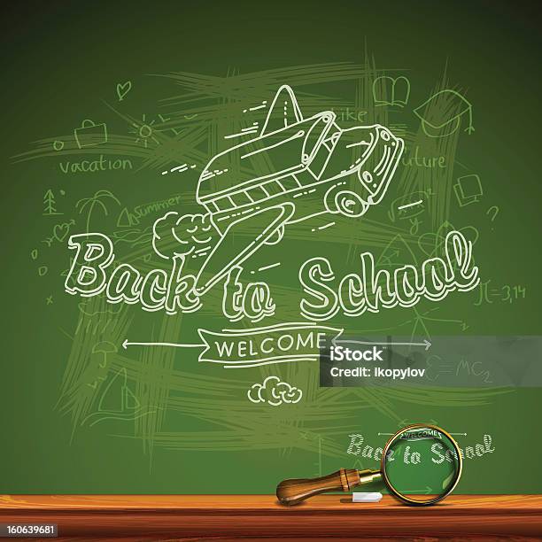 Back To School 분필쓰기 On Blackboard 통학 버스에 대한 스톡 벡터 아트 및 기타 이미지 통학 버스