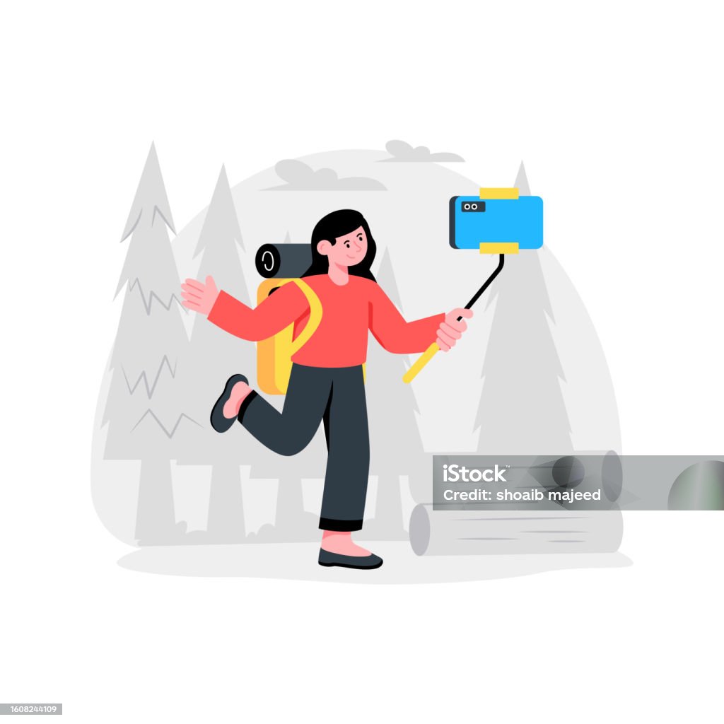 Taking Selfie While Camping Abstract Concept Vector In A Flat Style
