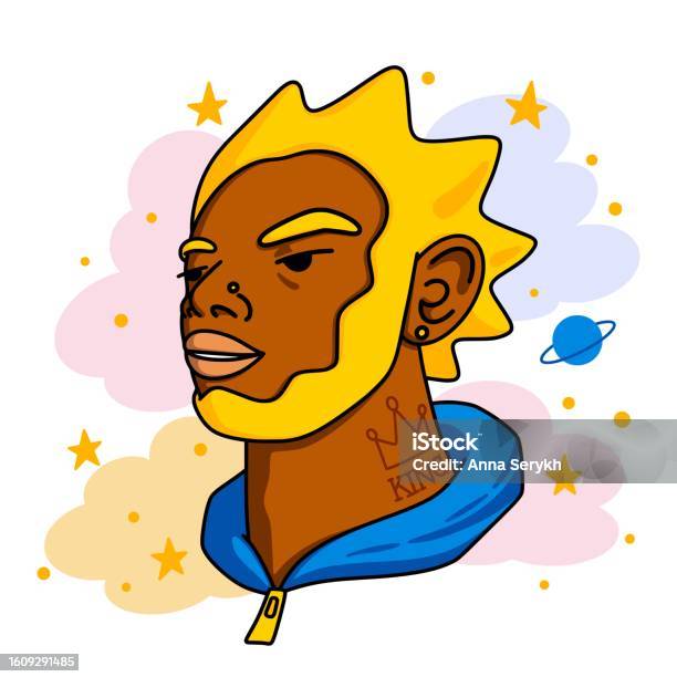 Dark Skinned Man Portrait Avatar With Nose Piercing Earring Crown And