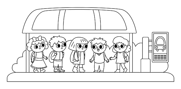 Ilustración de Niños En Una Parada De Autobús Esperando El Autobús ... Ilustración de Niños En Una Parada De Autobús Esperando El Autobús ...