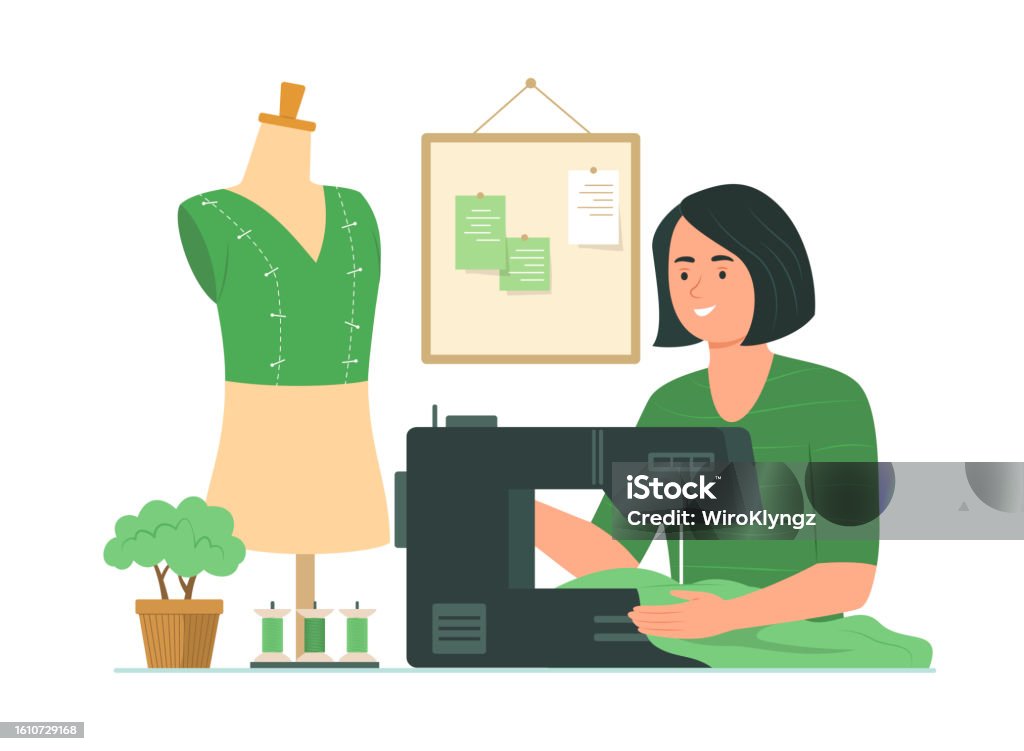 Dressmaker Woman Sewing Clothes With Sewing Machine Stock Illustration