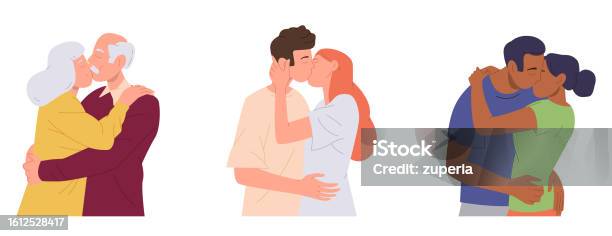 Ensemble Isolé De Couples Amoureux Dâges Différents Sembrassant Et