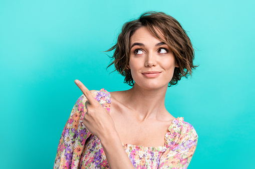 Portrait Of Cute Good Mood Girl With Bob Hairdo Dressed Flower Print