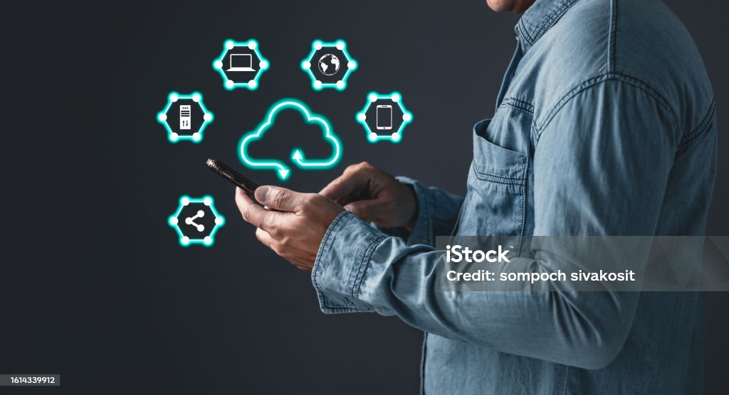 Man Use Cloud Computing Diagram Show On Handdata Storagethe Use Of Online Digital Network