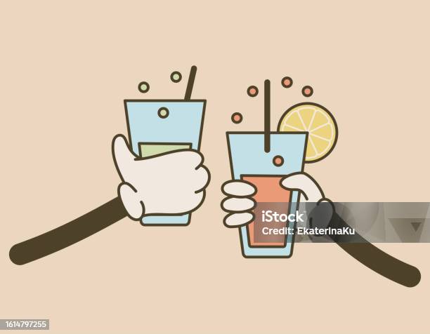Deux Mains Qui Claquent Avec Des Cocktails Dans Un Style De Dessin