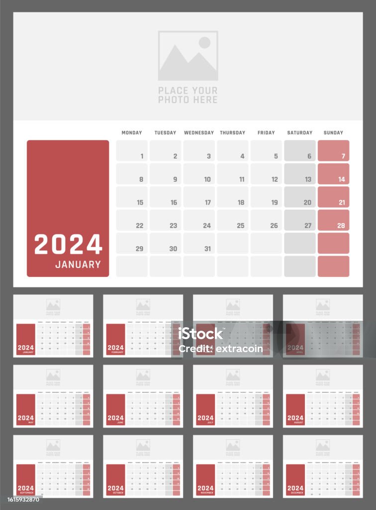 Kalender 2024 Kalenderdesign Für 2024 Beginnt Am Montag Stock Vektor ... Kalender 2024 Kalenderdesign Für 2024 Beginnt Am Montag Stock Vektor ...