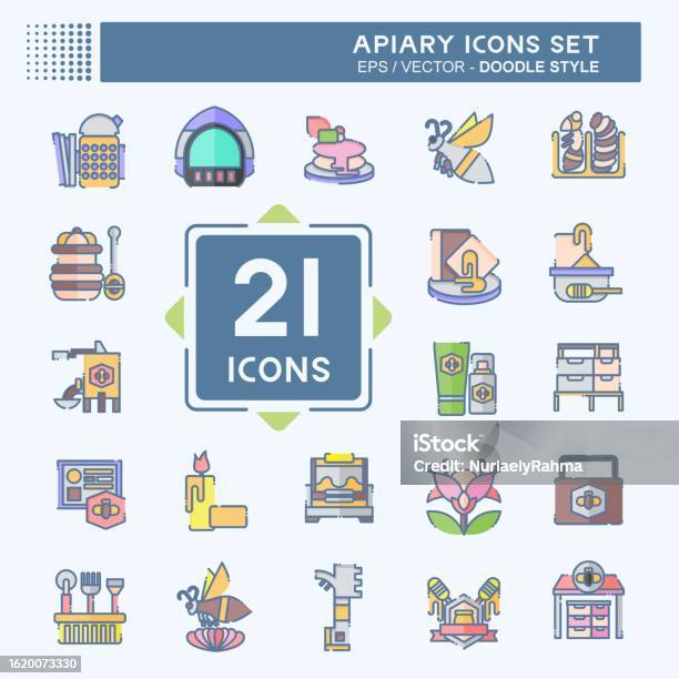 Set Ikon Apiary Terkait Dengan Simbol Pertanian Gaya Doodle Desain