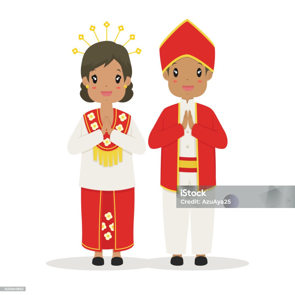 Cute Couple Wearing Maluku Indonesia Traditional Dress Vector Stock