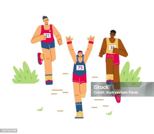 Beragam Orang Berlari Maraton Ilustrasi Vektor Datar Terisolasi Pada