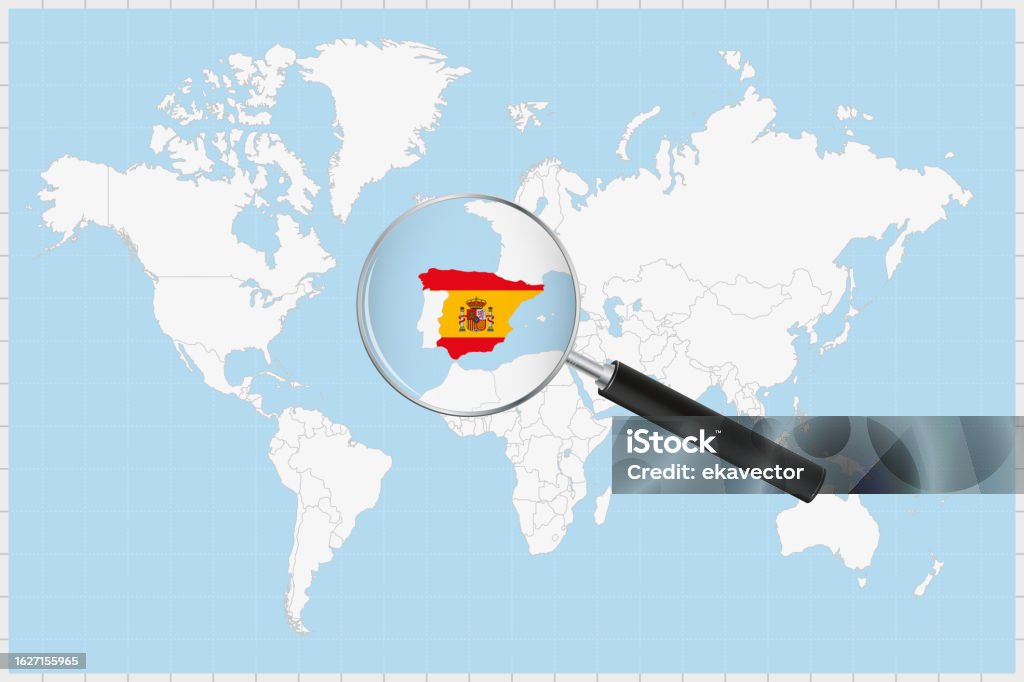 Loupe Montrant Une Carte De Lespagne Sur Une Carte Du Monde Vecteurs