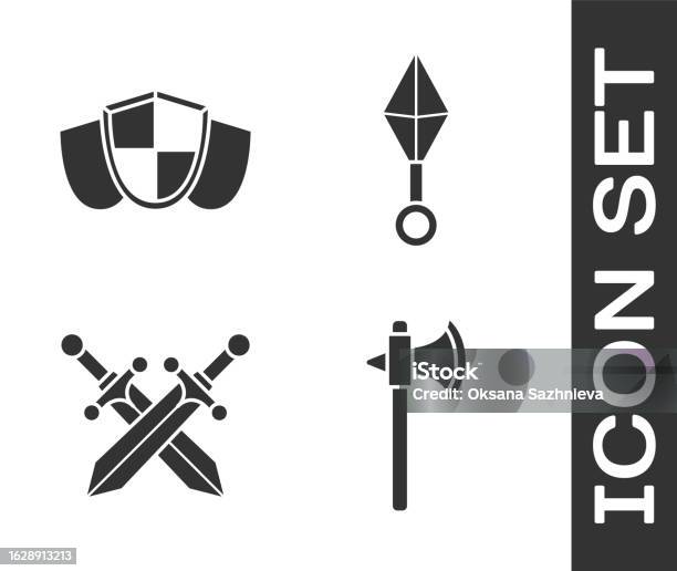 Set Medieval Axe Shield Crossed Medieval Sword And Japanese Ninja