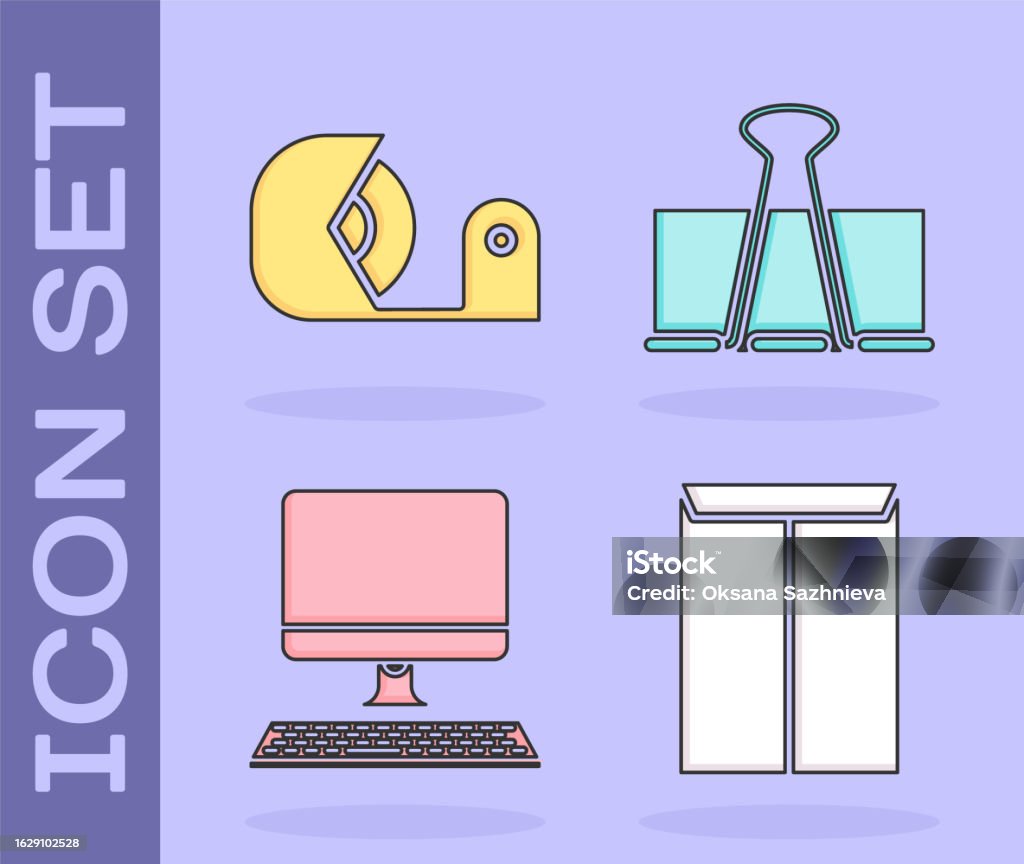 Set Envelope Scotch Computer Monitor With Keyboard And Binder Clip Icon