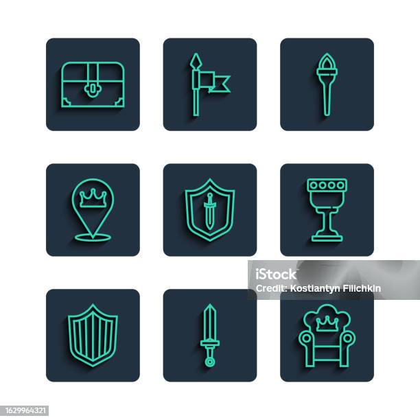 Set Line Shield Medieval Sword Throne Torch Flame Shield With Location