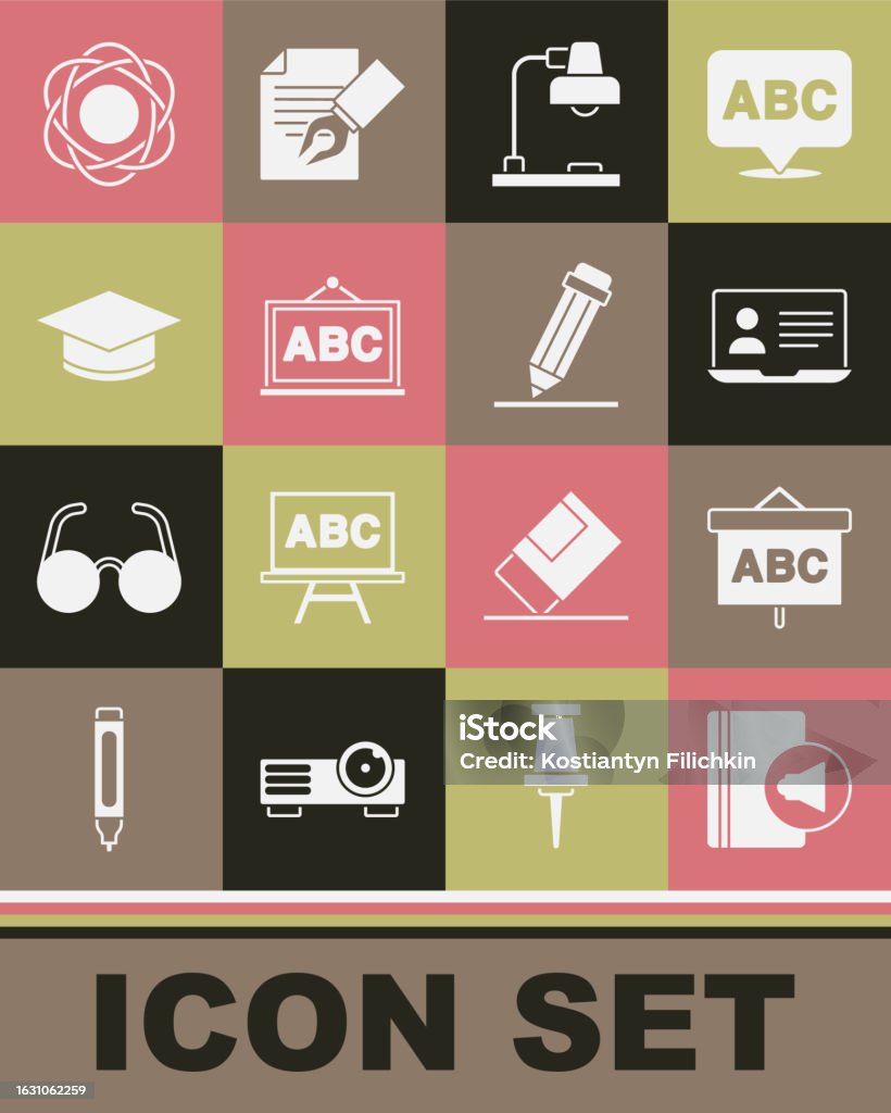 Set Audio Book Chalkboard Online Class Table Lamp Graduation Cap Atom And Pencil With Eraser