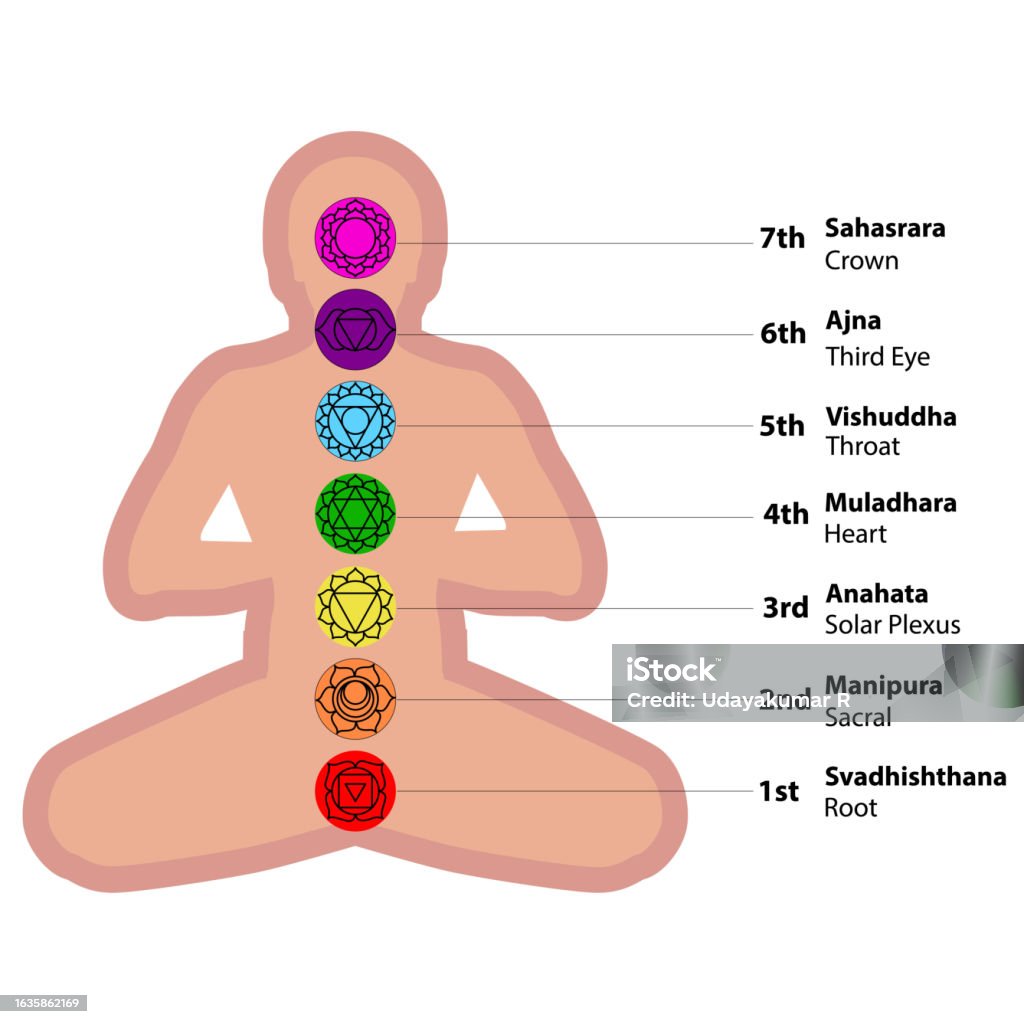 Vetores de Sete Chakras Na Silhueta Do Iogue Meditante São Símbolos De ... Vetores de Sete Chakras Na Silhueta Do Iogue Meditante São Símbolos De ...