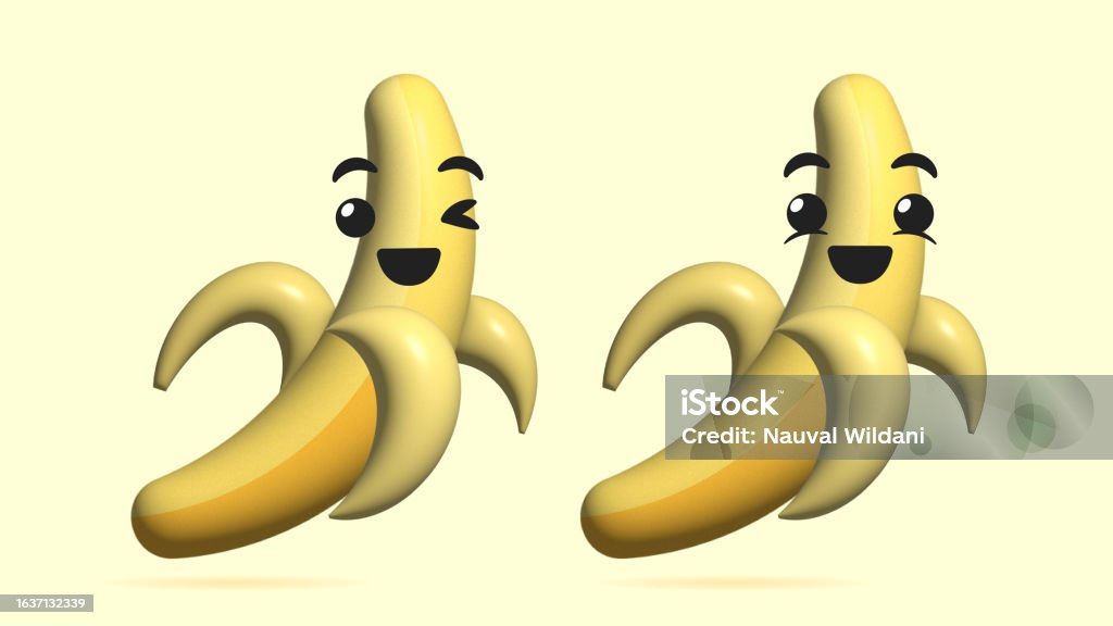 Ilustrasi Digital Realistis 3d Karakter Kartun Buah Pisang Seni Konsep Ikon Wajah Tersenyum