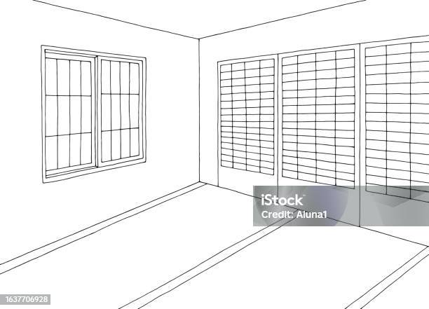 Vektor Ilustrasi Sketsa Interior Rumah Asia Kosong Grafis Hitam Putih