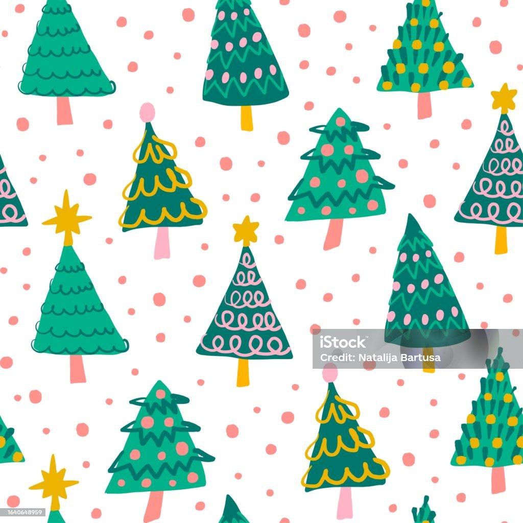 Cute Green Gold Pink Decorative Christmas Trees Seamless Pattern On