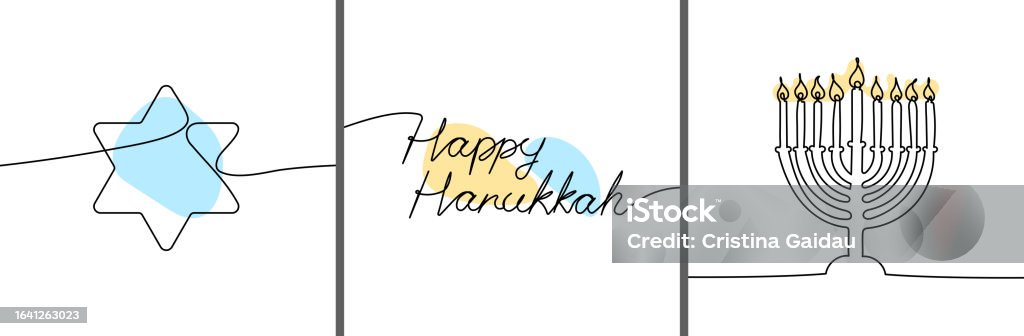 Happy Hanukkah One Continuous Line Poster Set Vector Illustration Stock