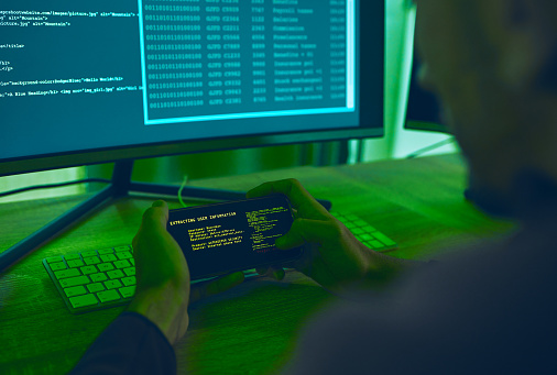 Computer Hacker Coding And A Man With Phone For Phishing Scam Or