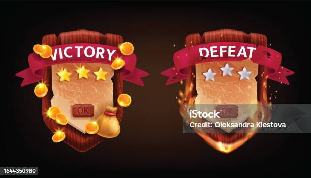 3d Victory Defeat Game Badge Ui Wooden Shield Award Vector Medieval Rpg