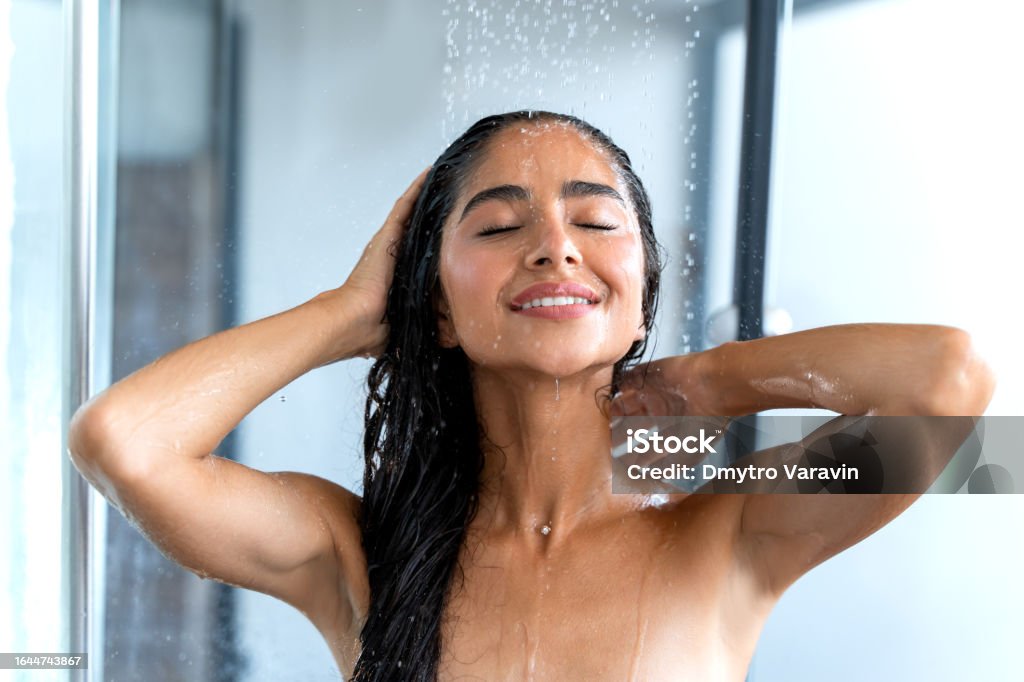 Happy Beautiful Woman Taking Shower And Washing Hair Morning